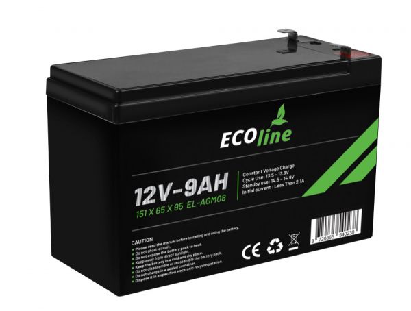 EcoLine - AGM 12V - 9AH VRLA Batterij - 151 x 65 x 95 - Deep Cycle Accu ...