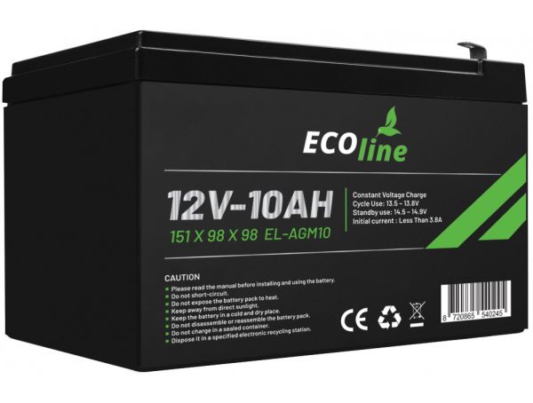 EcoLine - AGM 12V 10AH - 10000mAh VRLA Batterij - 151 x 98 x 98 - Deep ...