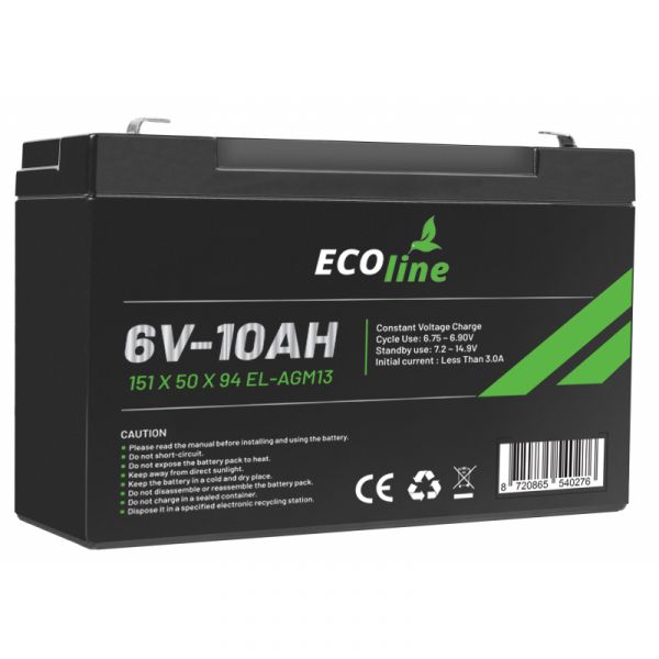 EcoLine - AGM 6V 10AH - 10000mAh VRLA Batterij - 151 x 50 x 94 - Deep ...
